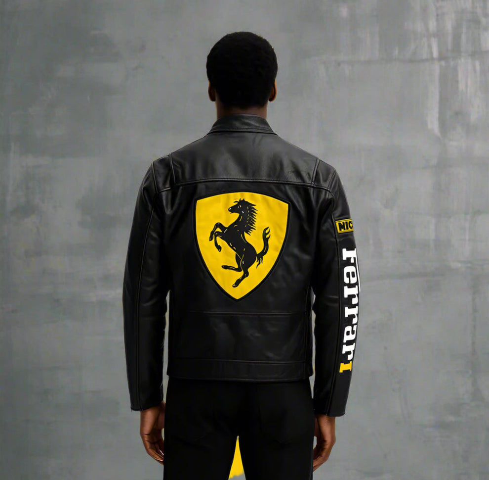 FERRARI F1 BLACK MOTO JACKET - PREMIUM RACING STYLE – unwear.in