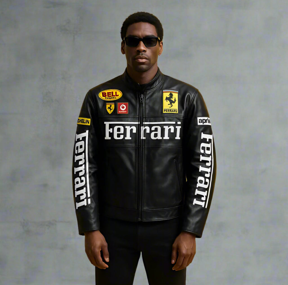 FERRARI F1 BLACK MOTO JACKET - PREMIUM RACING STYLE – unwear.in